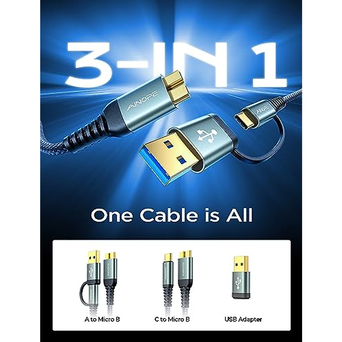 AINOPE Hard Drive Cable 1.5FT, Durable Nylon Braided External Hard Drive Cable 10Gbps Micro B to USB A/C Compatible with Seagate WD Toshiba Westgate, MacBook Air M2 Pro, Camera