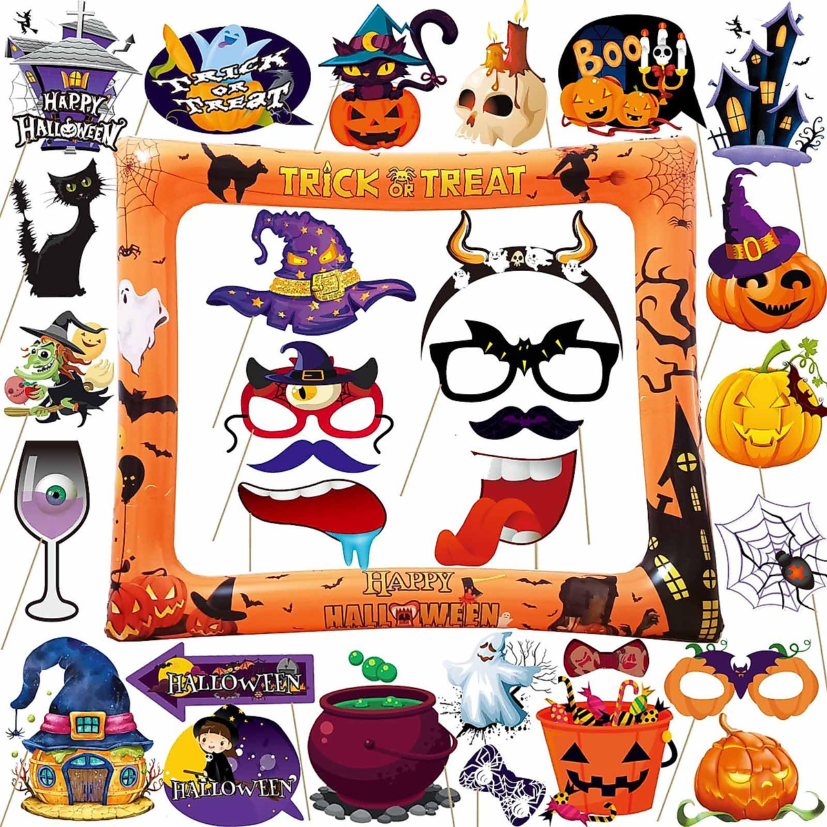 Halloween Party Photo Booth Props Frame, LMSHOWOWO Giant Halloween Inflatable Selfie Photo Frame, with 30 PCS Funny Halloween Photo Booth Props for Men Women Halloween Party Decoration Supplies