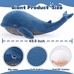 Tezituor Large Whale Stuffed Animal, 4ft Giant Stuffed Whale Plush Ocean Toys, 43.3 inch Big Whale Plush Pillow for Girls Boys