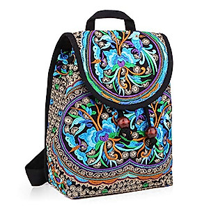 MAZEXY Handmade Embroidered Backpack for Women, Boho Shoulder Bag Vintage Ethnic Flower Cross-body Bag (Blue)