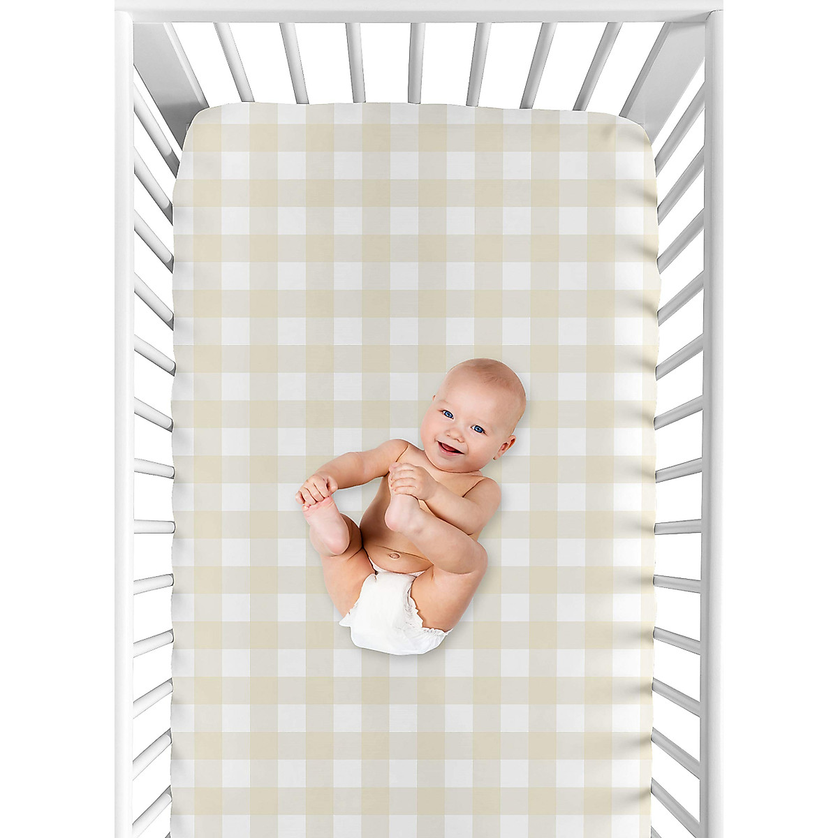 Sweet Jojo Designs Beige and White Buffalo Plaid Check Baby or Toddler Fitted Crib Sheet for Woodland Camo Collection
