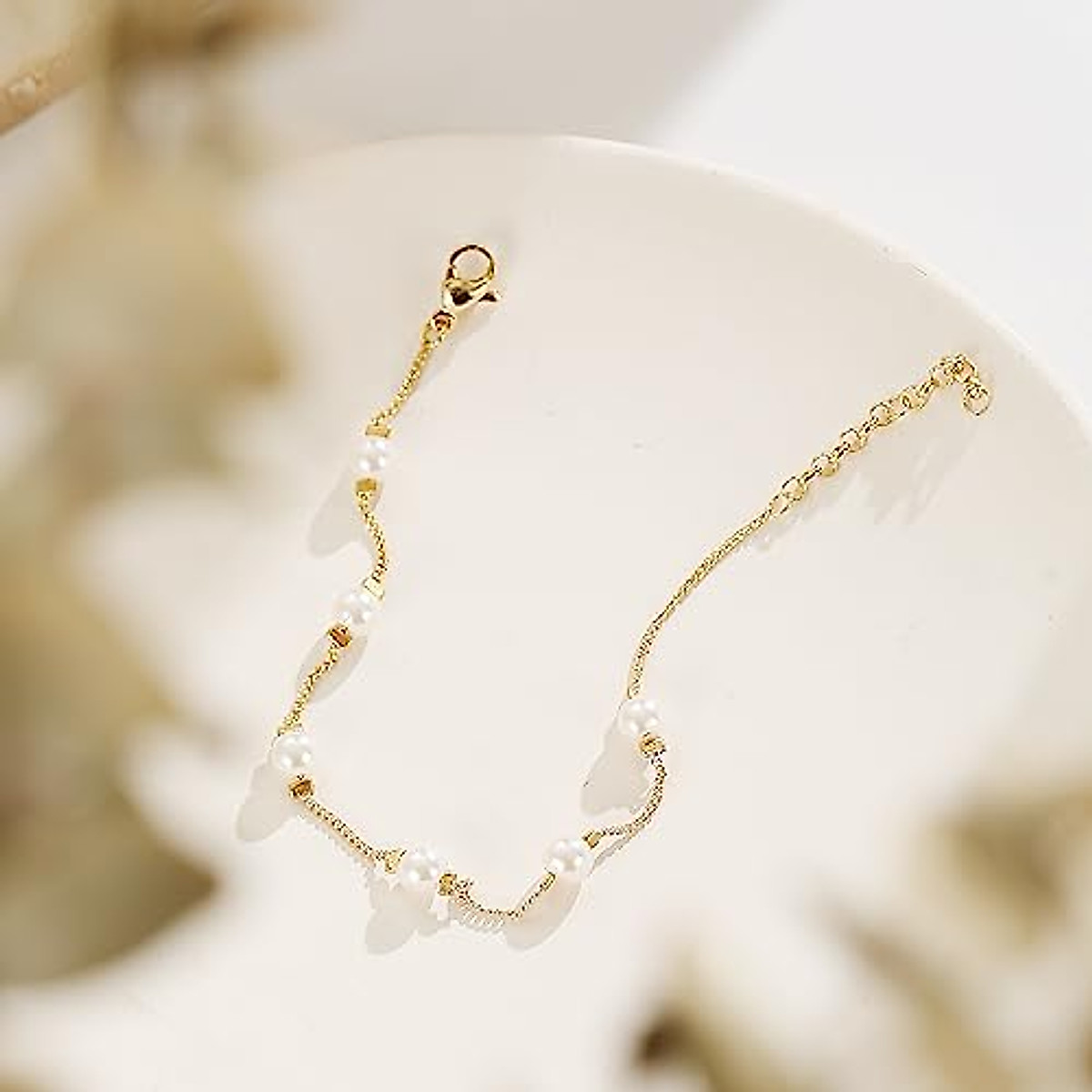 Collner Dainty Gold Bracelet for Women 14K Gold Plated Lightweight Chain Bracelet Herringbone Pearl Circle Bracelet Charm Minimalist Handmade Jewelry Gift