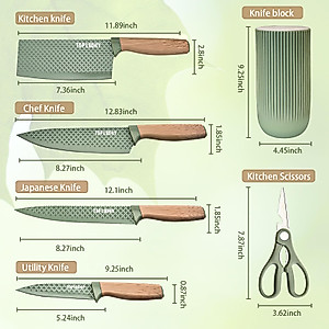 Kitchen Block Knife Sets, 6-Pieces Green Chef Knife Set with Removable Round Block, Non-stick & Non-slip Stainless Steel Sharp Knife Set for Restaurant Home Cooking, Gifts for Mom Wife Girl (Green)