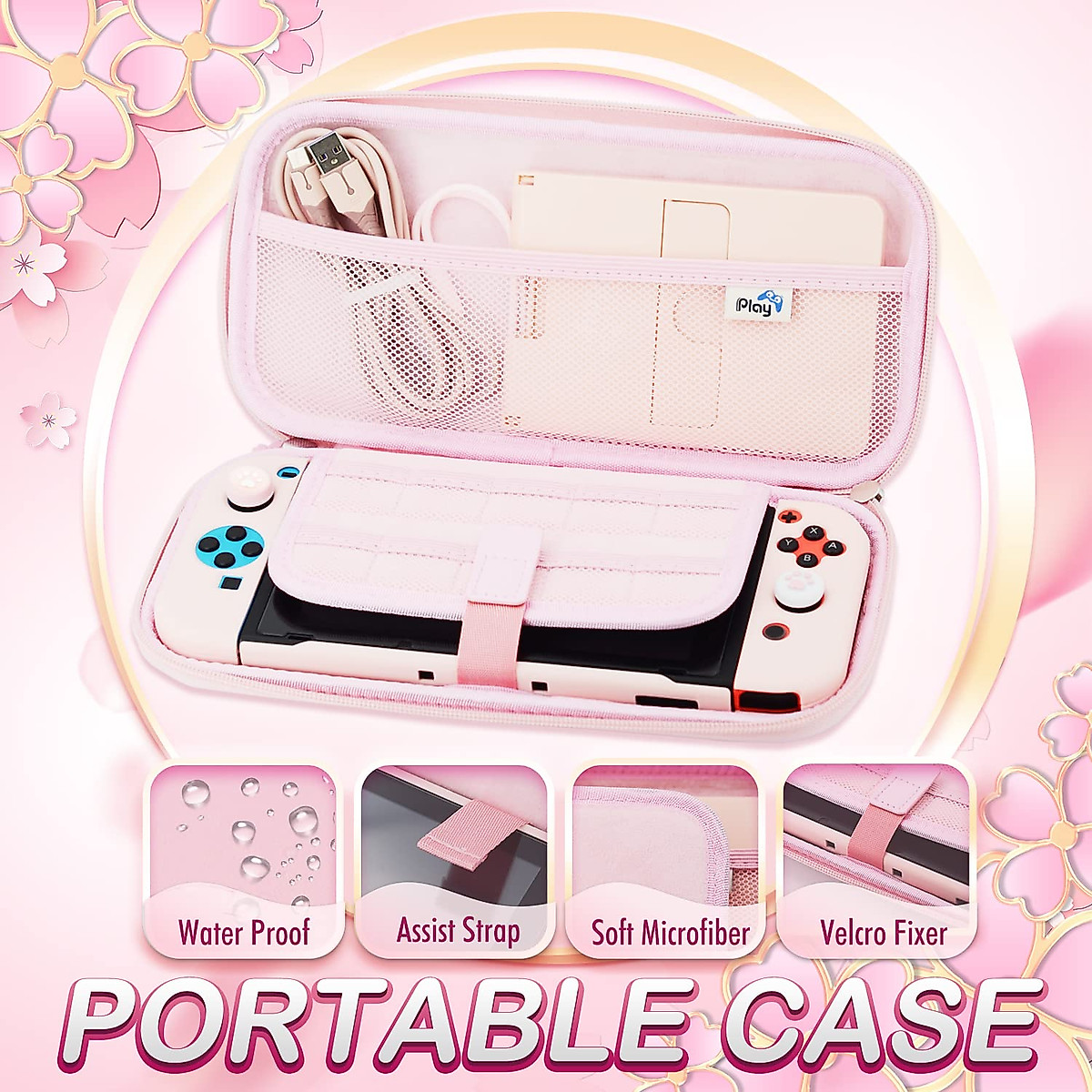 PlayM Pink Carrying Case & Accessories Bundle for Nintendo Switch, Cute Accessories Kit with Protective Cover, Screen Protector, Adjustable Stand, Game Card Case, Thumb Grips & Charger Cable for Girls