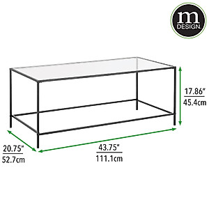 mDesign Glass Top Coffee Table - Large Minimalistic Rectangular Geometric Metal Accent Furniture Unit for Living Room, Basement, Home Office, Garage, and Bedroom - Black