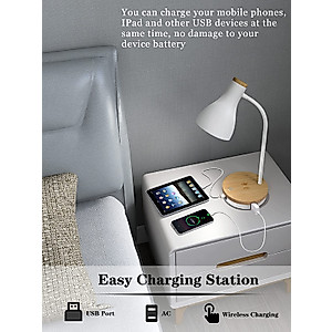 Metal Desk Lamp Wireless Charging Table Lamp Touch Reading Lights Arc Desk Lamps for Bedroom, 3 Way Dimmable Bedside Lamp with USB Charging Ports Lamp for Study Room and Office (White)