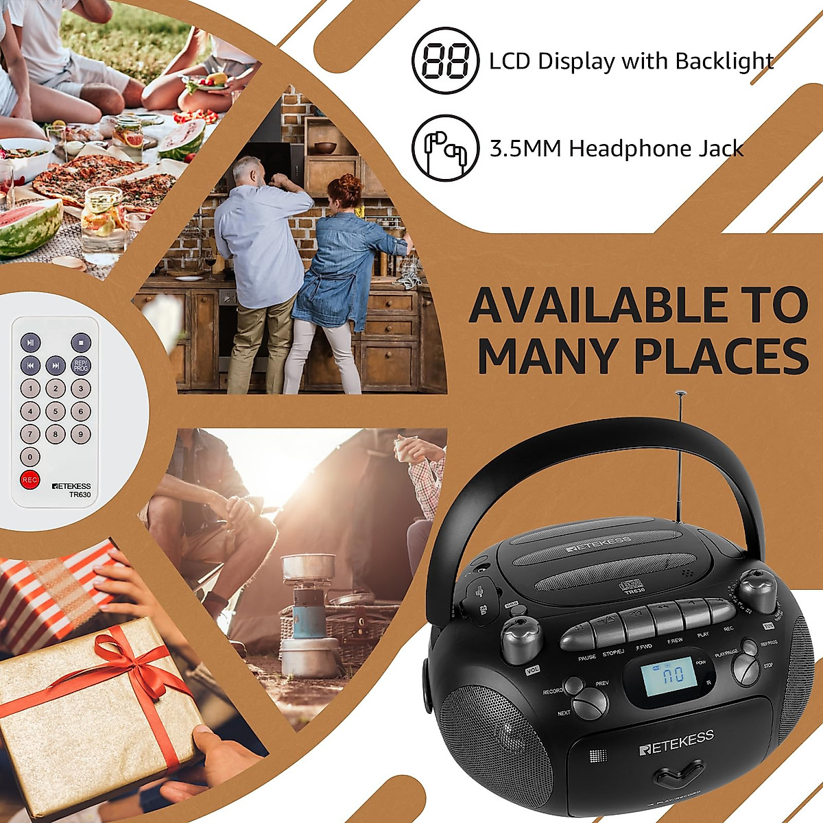 Retekess TR630 CD and Cassette Player Combo, Portable Boombox AM FM Radio, Bass Boost Speakers, Recording Transcription, USB, Micro SD, LCD Display for Family