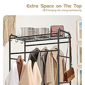 PouHenier.jh Clothing Racks on Wheels for Hanging Clothes with Coat Hook, Upgrade Heavy Duty Rolling Rack for Clothes Organizer, Freestanding Double Rod Metal Garment Rack with Shelves(Black)…