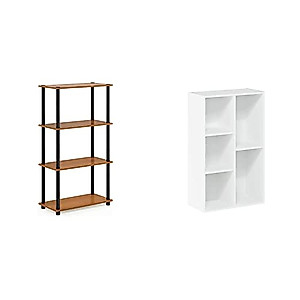 Furinno (99557LC/BK Turn-N-Tube 4-Tier Multipurpose Shelf Display Rack - Light Cherry/Black & Luder Bookcase / Book / Storage, 5-Cube, White