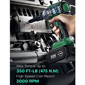 KIMO Impact Wrench 1/2 Cordless,475N.m/350ft-lbs Max Torque & 3000RPM, 2x20V 3.0Ah Battery, Impact Gun with 7 Drive Impact Sockets, 3 Inch Extension Bar, 1 Hour Fast Charger Impact Drill for Car Tires