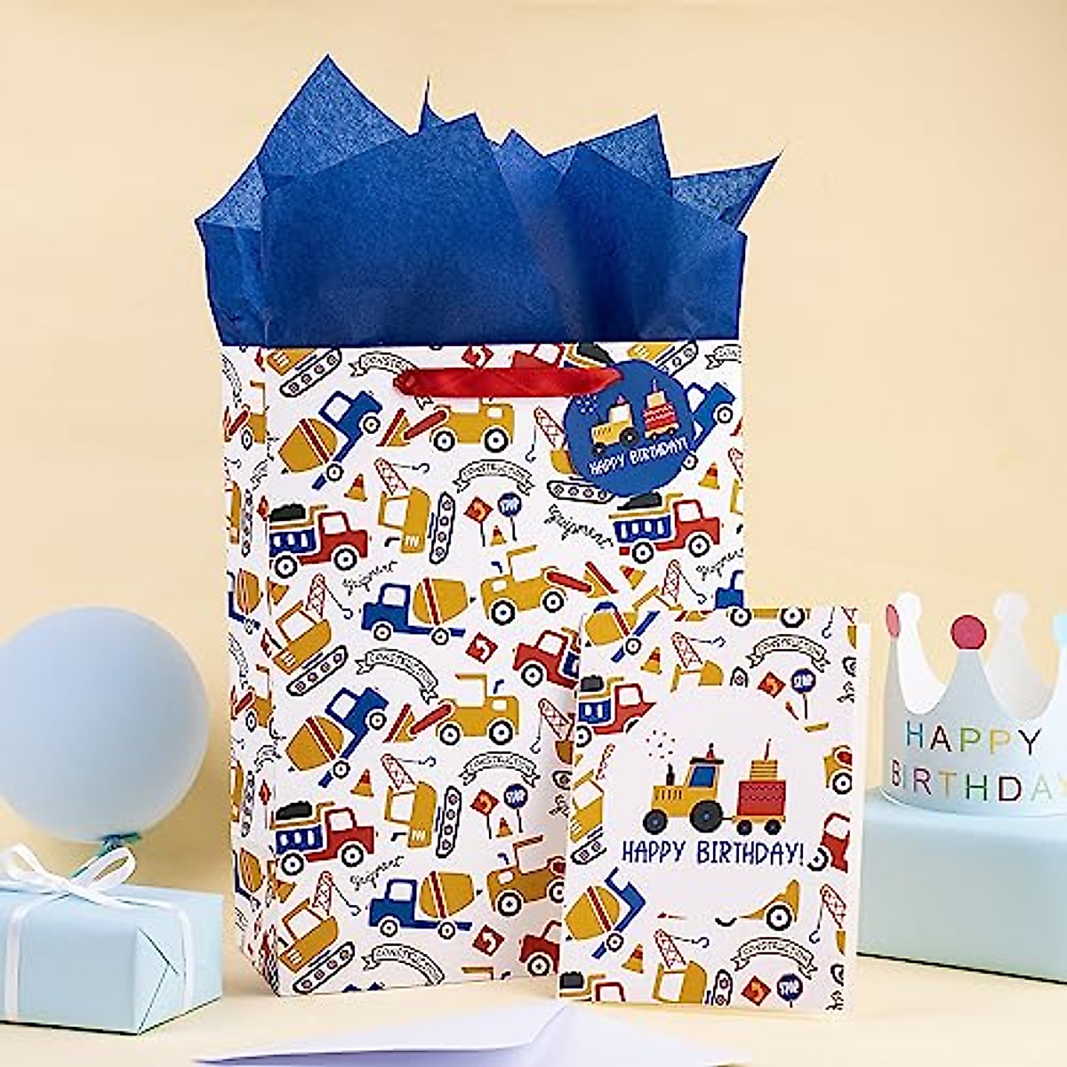 WRAPAHOLIC 13" Large Birthday Gift Bags with Card and Tissue Paper - Car Design for Kids Birthday, Gift Wrap