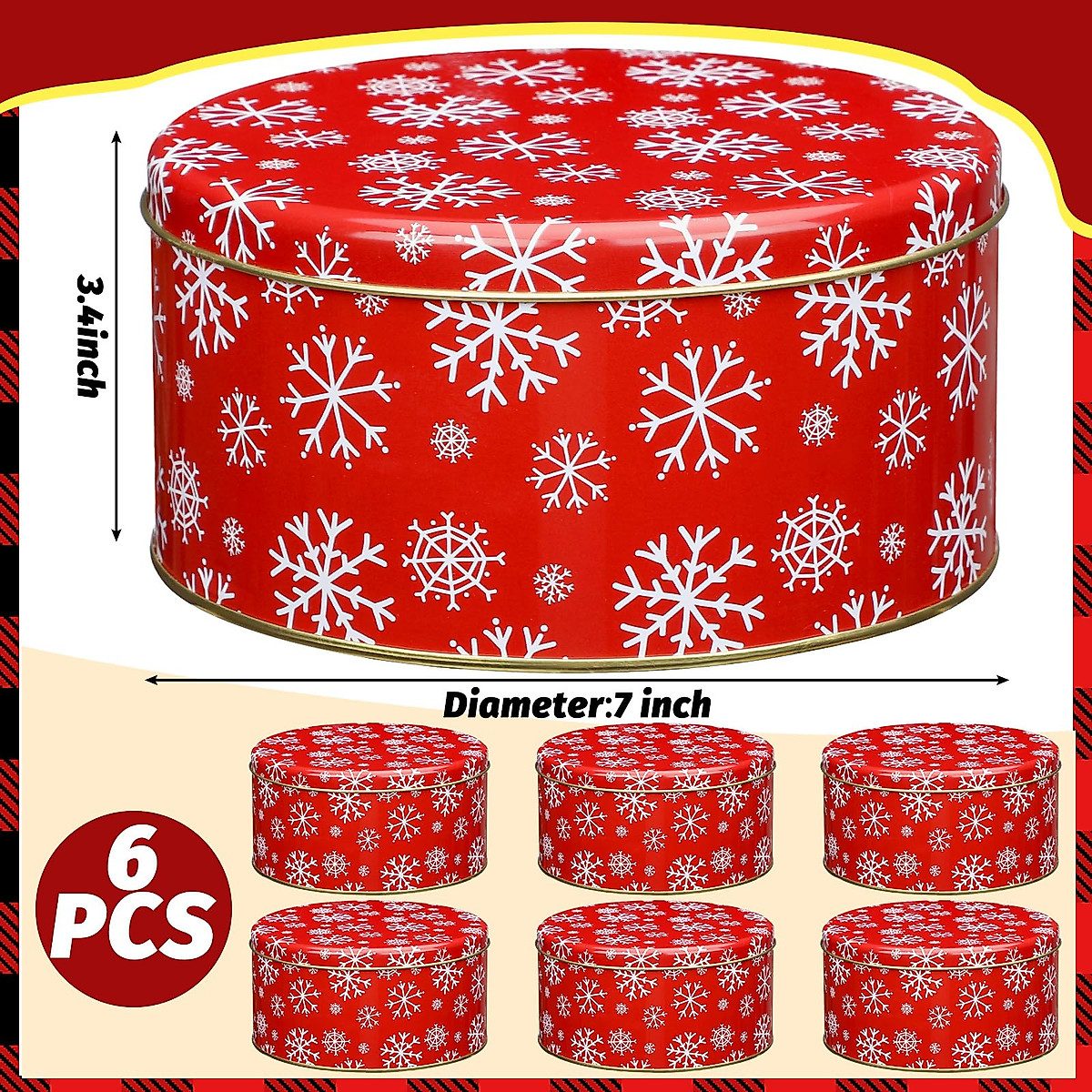 Suttmin 6 Pcs 7'' Christmas Cookie Tins with Lids Round Metal Cookie Container Xmas Snowflake Boxes Empty Holiday Decorative Tins for Gift Giving Cookie Baking Chocolate Snack Storage Cookie Tins