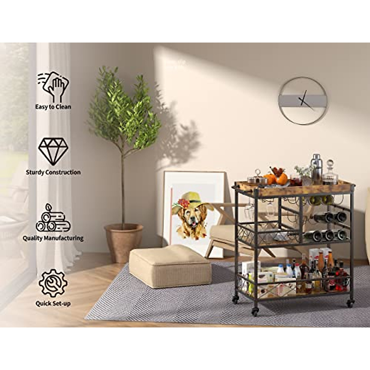 Gizoon 3 Tier 38" Home Bar Serving Cart with Large Storage Space, Mobile Kitchen Storage Trolley with Lockable Wheels, 12 Wine Rack, Glass Holder, Removable Tray (Retro)