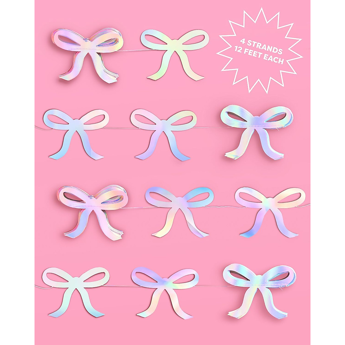 xo, Fetti Iridescent Bow Hanging Garland - 4 pcs, 12' | Bachelorette Decorations, Tying The Knot Bride Bach Decor, Birthday Party Favor, Baby Shower Supplies, Coquette Photobooth Backdrop