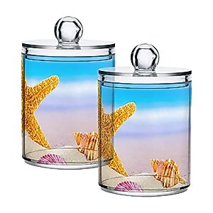 SUABO Plastic Jars with Lids,Beach Starfish Storage Containers Wide Mouth Airtight Canister Jar for Kitchen Bathroom Farmhouse Makeup Countertop Household,Set 2