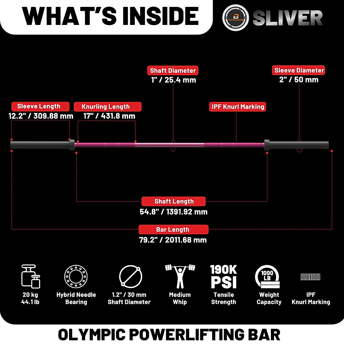 PAPABABE Olympic Barbell, 1500LB Capacity barbell Cerakote Coating Bar, Weightlifting Bar 2 Inch Barbell, for Powerlifting and Crossfit, Pink (25MM)