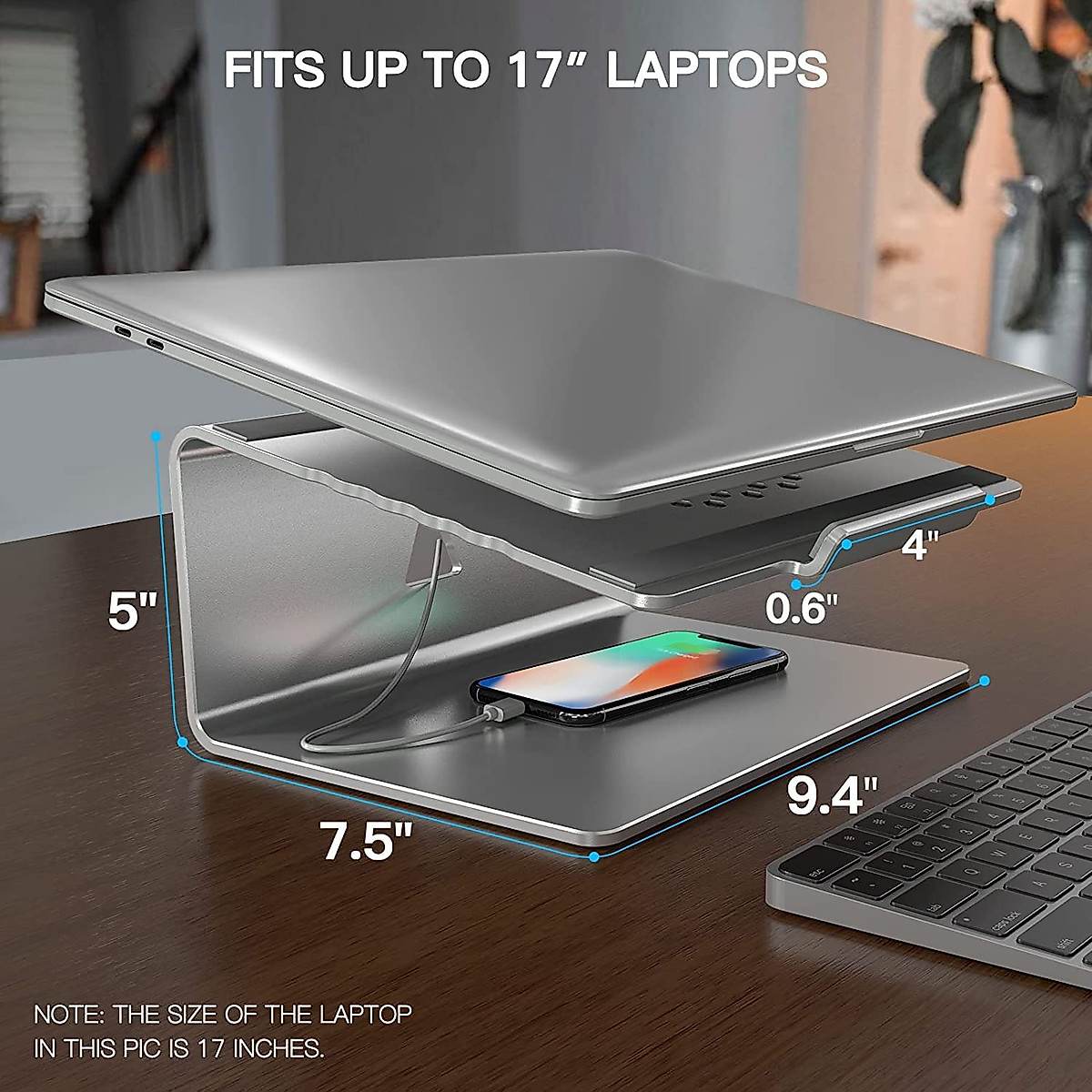 LORYERGO Laptop Stand, Aluminum Laptop Riser for Desk, Ergonomic Computer Stand for Laptop, Laptop Stand for Desk Compatible with Most 10-17" Laptops, Silver