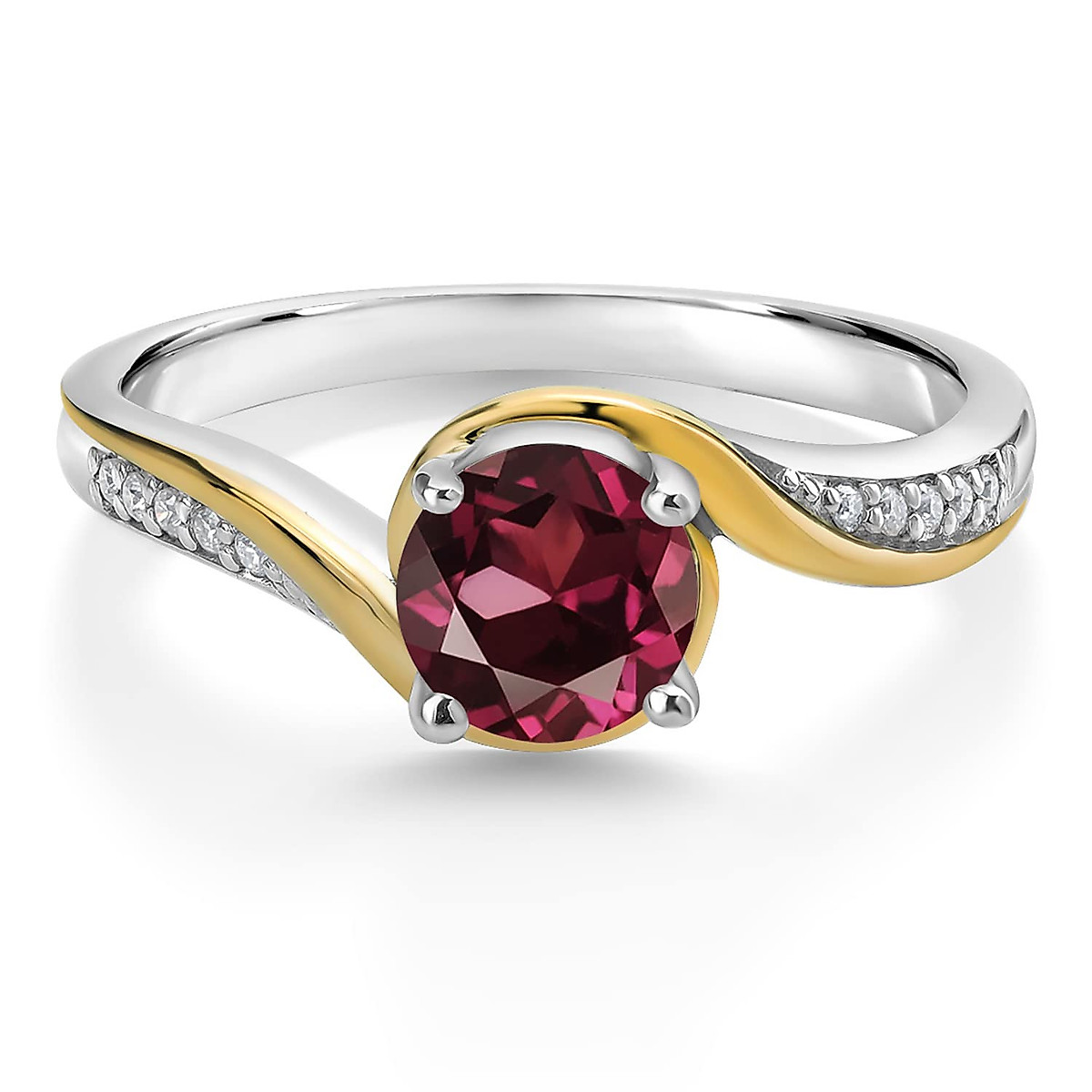 Gem Stone King 925 Silver and 10K Yellow Gold Round Red Rhodolite Garnet and White Moissanite Women Ring (1.05 Cttw, Gemstone Birthstone, Available In Size 5, 6, 7, 8, 9)