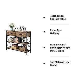 URKNO Console Table with Drawers, Rustic Hallway Table with Storage Shelves, Narrow Long Sofa Entryway Table for Living Room, Metal Frame, Rustic Brown