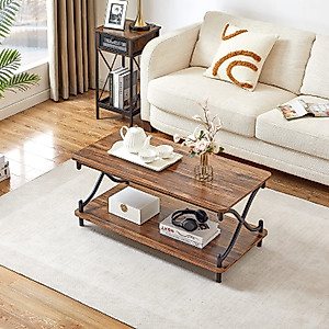 VECELO Coffee Table with Storage and Open Shelves for Living Dining Room 39-Inch, Modern Rectangle & Industrial Design, X-Shape Frame, Brown