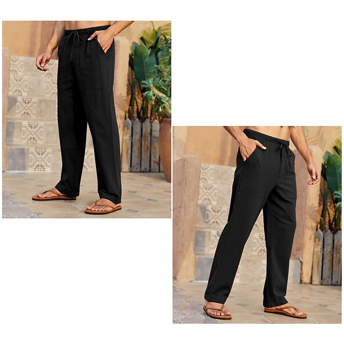 Gafeng Mens Linen Pants Yoga Beach Loose Fit Casual Summer Elastic Waist Drawstring Baggy Trousers with Pockets Black