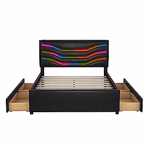 YSWH Queen Size Upholstered Platform Bed, Wood Storage Bed Frame with 4 Drawers, Headboard with LED Lights Strips and USB Charging, Kids Adults Bedroom Furniture Versatility Bed (Black)