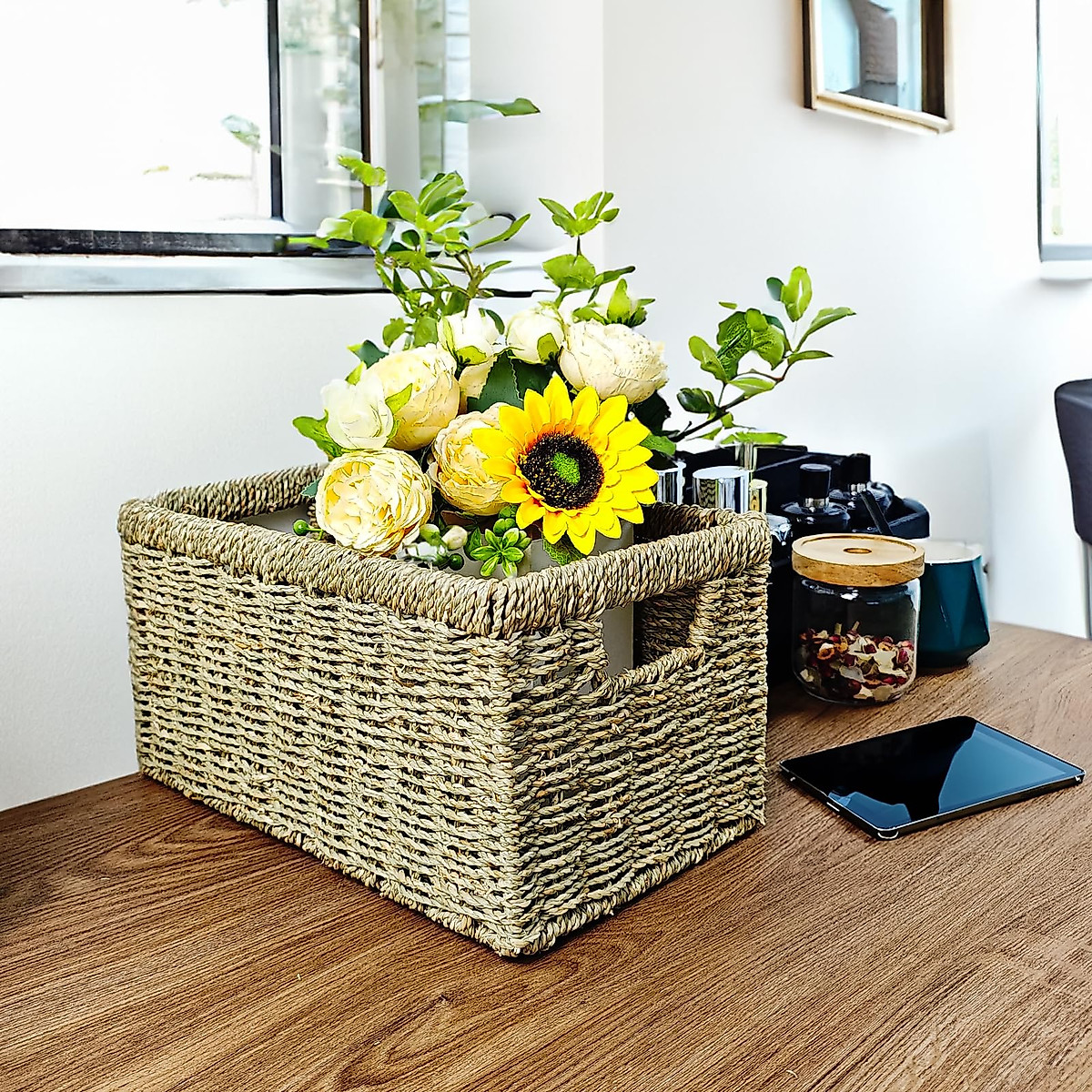 Storage Basket, Seagrass Storage Baskets, Home Hand-Woven with Built-In Handle, Rectangular Seagrass Basket 13.25x8.3x7 Inches（2PCS)