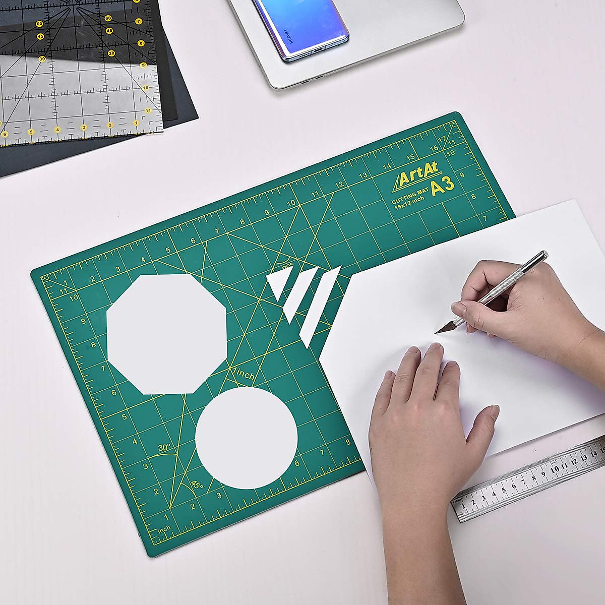 ArtAt Self Healing Cutting Mat: 12″x 18″ Green Double Sided Non-Slip 5 Layers PVC Durable Craft Sewing A3 Mat for Rotary Cutter, Use for Quilting and Scrapbooking and Craft & Art Projects…