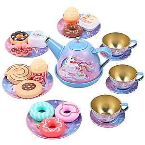 Golray Tea Party Set for Toddlers Girls Toys, Unicorn Gift for 3 4 5 6 Years Old, Tin Tea Set & Carrying Case & Food Treats Playset, Kids Kitchen Pretend Play for Age 3-6 Girls Birthday Gift Idea