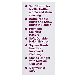 Parents Choice 3-in-1 Stainless Bottle Brush - Bottle, Straw, Nipple Cleaner - Soft Nylon Bristles, White