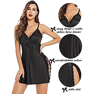 Avidlove Satin Nightgowns for Women Silk Lace Lingerie Satin Side Slit Chemise(Black,M)