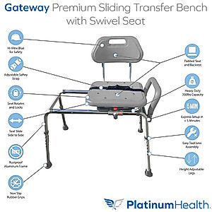 Gateway Premium Sliding Shower Chair Bath Transfer Bench with Swivel Padded Bath Tub Seat for Tubs and Shower, For Handicap & Seniors Mobility & Daily Living, Gray