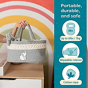 Cradle Star Diaper Caddy Organizer – Portable Baby Basket Diaper Storage Organizer with Compartments – Baby Diaper Caddy for Changing Table Nursery, Elephant Baby Shower Gifts - 100% Cotton Rope, Gray