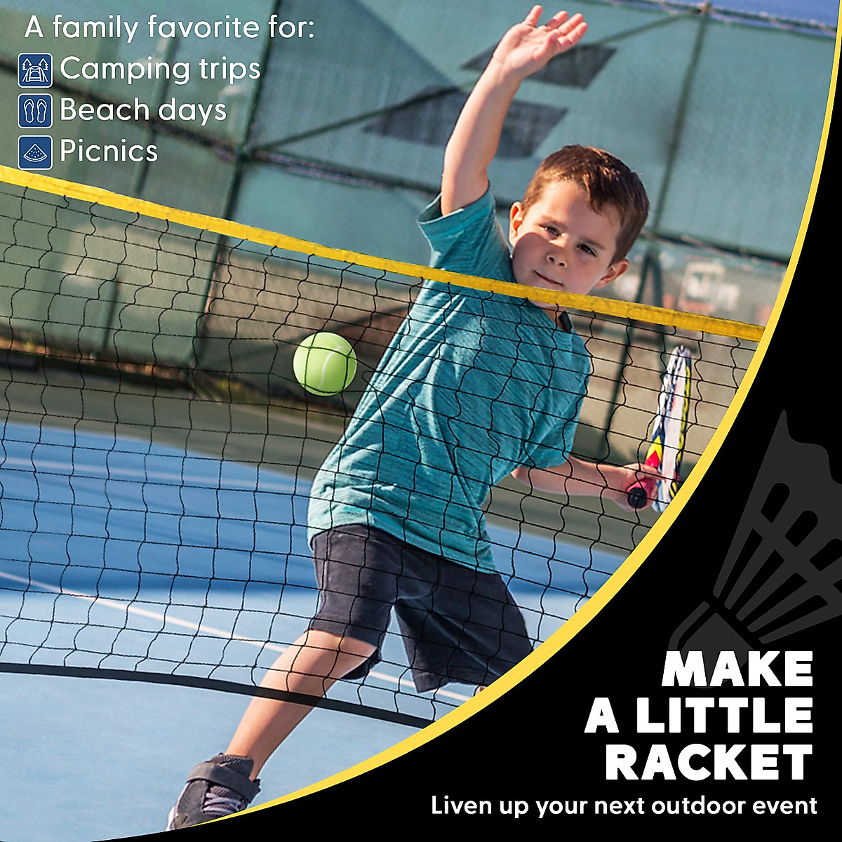 BOULDER Portable Badminton Net Set - for Tennis, Soccer Tennis, Pickleball, Kids Volleyball - Easy Setup Nylon Sports Net with Poles (Black/Yellow, 10 FT)