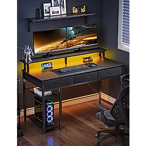 Rolanstar Computer Desk with Power Outlets & LED Light, 47 inch Home Office Desk with 3 Drawers and Storage Shelves, Writing Desk with Monitor Stand, Modern Work Desk for Home Office, Carbon Black