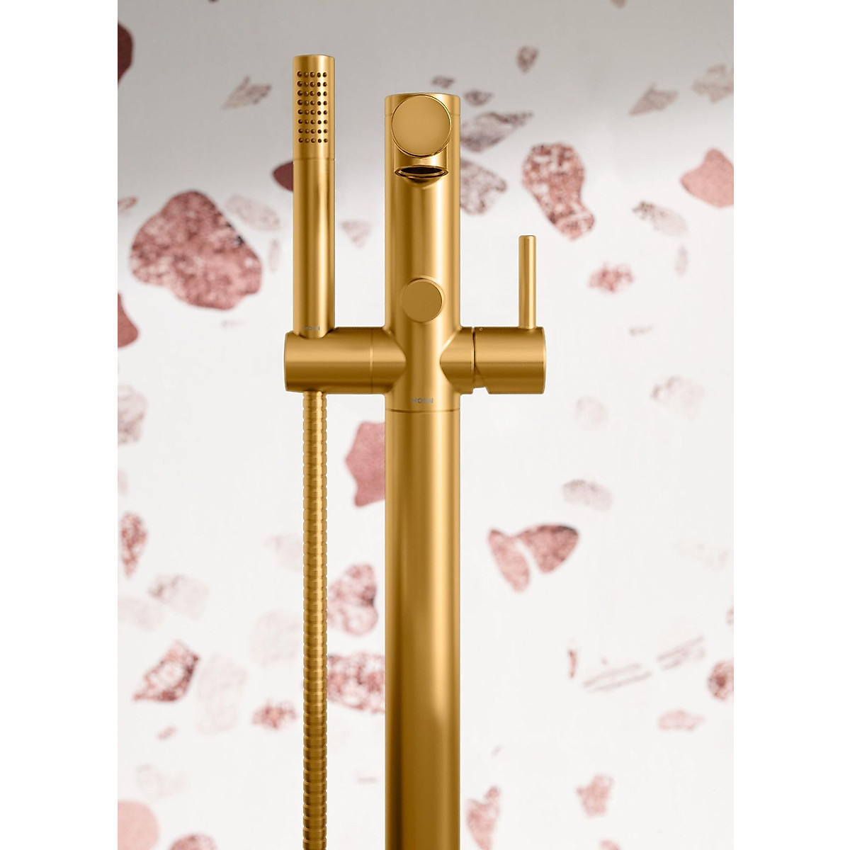 Moen Align Brushed Gold One-Handle Freestanding Floor Mount Tub Filler, Freestanding Tub Faucet with Handshower, 395BG