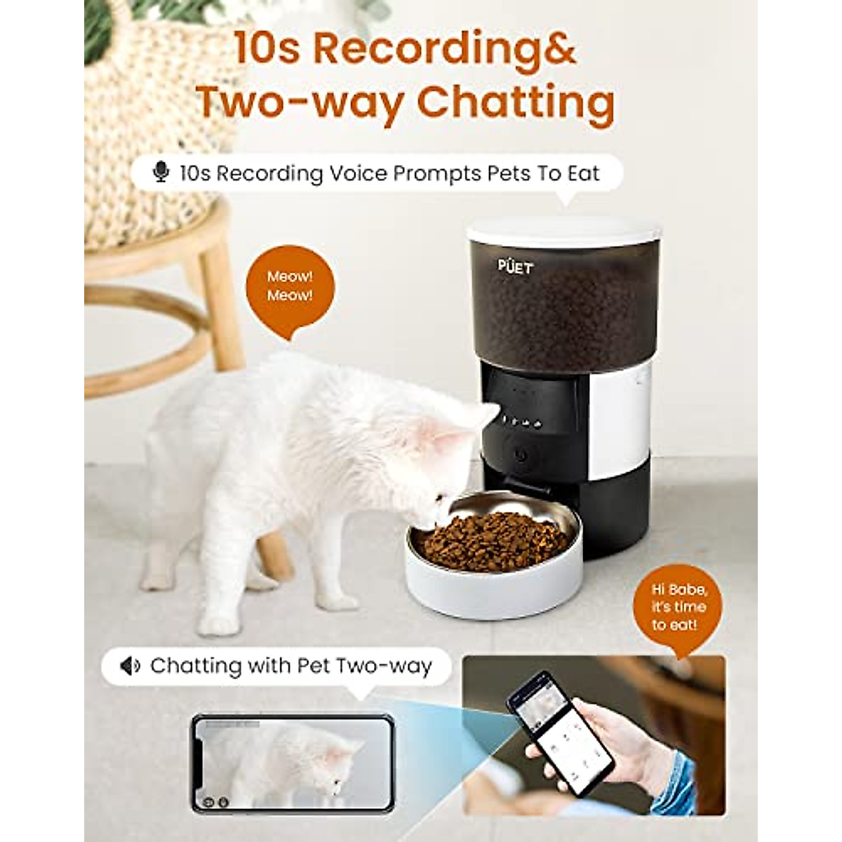 PUET Automatic Cat Feeder with Camera, Timer Voice 1080P HD Video Recording, Height Adjustable 3L WiFi Pet Feeder with 2-Way Audio, Programmable Dog Food Dispenser 1-8 Meal Per Day