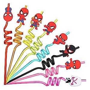 NITELUO 24Pcs Spiderman Birthday Party Supplies Reusable Drinking Straws,8 Designs Spider Party Favors with 2 Cleaning Brush