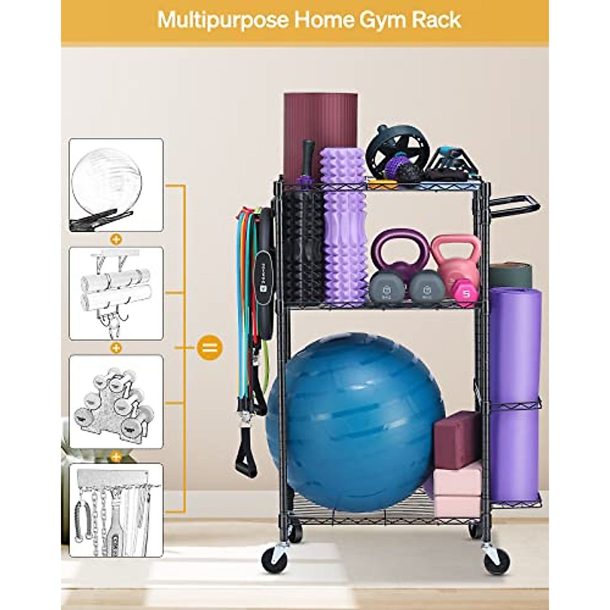 FHXZH Home Gym Storage Rack, Workout/Exercise Equipment Storage Organizer with Hooks and Wheels for Yoga Mat & Ball Dumbbell Kettlebells Foam Roller Resistance Bands