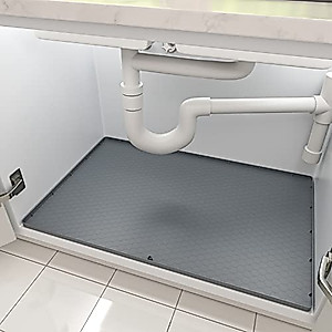 Under Sink Mat, 34" x 22" Silicone Under Sink Liner, Waterproof Shelf Liner with Drain Hole, Kitchen Bathroom Cabinet Mat (Grey)