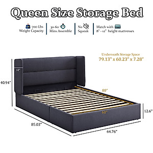 Zanmintaobo Queen Bed Frame with Storage, Upholstered Platform Bed with Lift up Hydraulic System, Linen Fabric Wingback Headboard, Wood Slats Support, Easy Assembly, No Box Spring Needed, Dark Grey