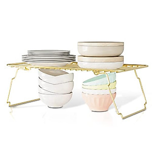 BENOLDY Rustproof Foldable Gold Metal Wire Kitchen Cabinet Storage Rack - Stackable Shelf Organizer for Plates, Dishes, Counters & Pantry Organization