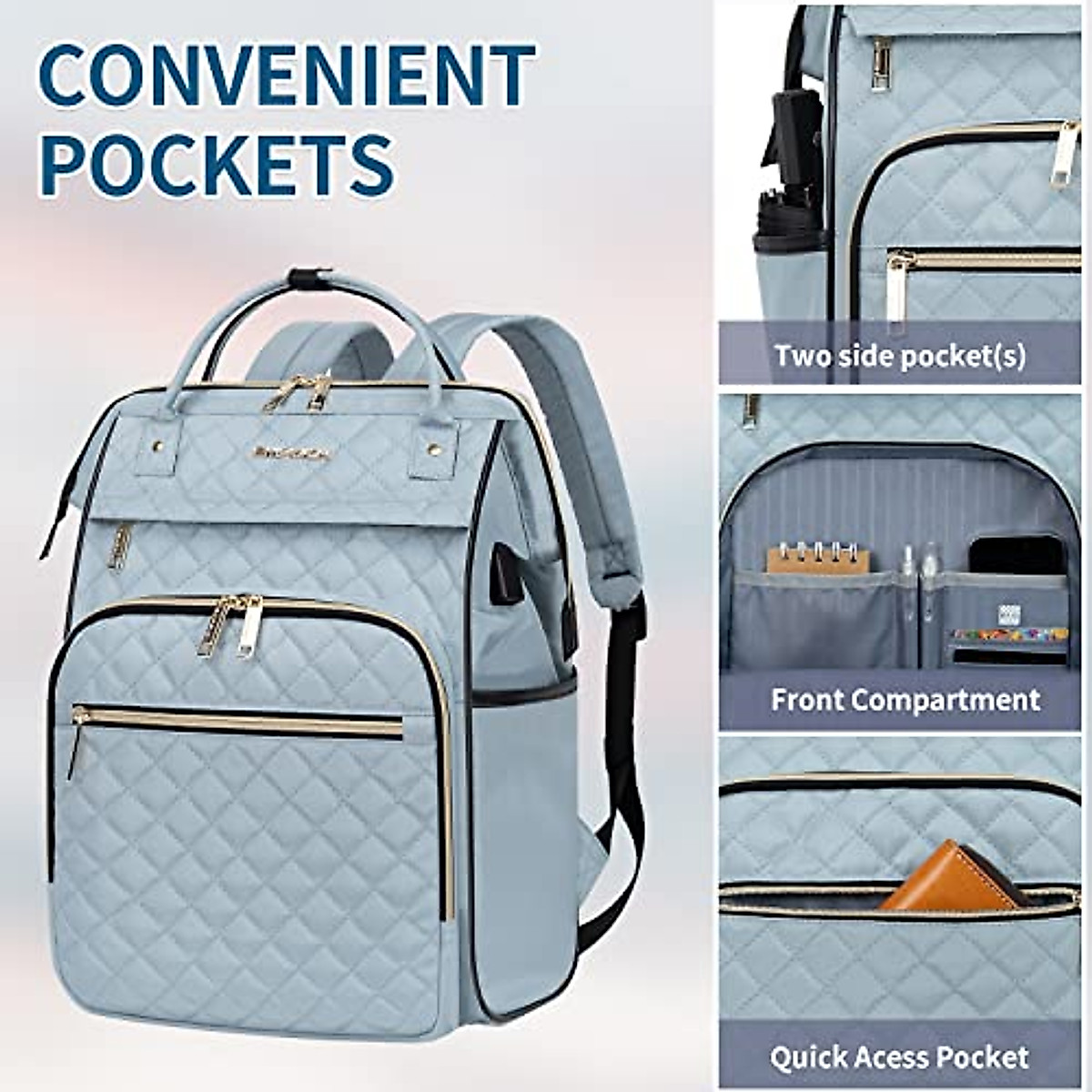 EMPSIGN Laptop Backpack for Women 17 Inch Travel Backpack, Large Capacity 40L Compuer Quilted Backpack Purse, Waterproof Stylish Business College Backpack with USB Port, Quilted Blue