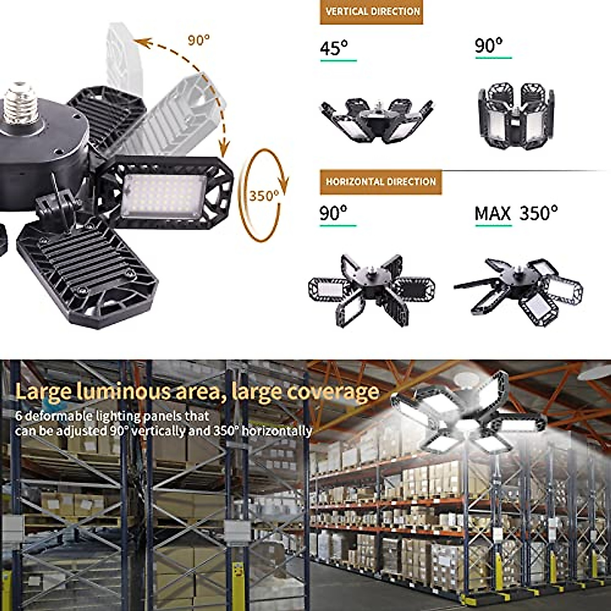 Rufbjkd LED Garage Light, 200W LED Shop Light, Super Bright Deformable LED Garage Ceiling Light with 6 Adjustable Panels, Ideal for Workshop/Attic/Barn/Basement (2 Pack)