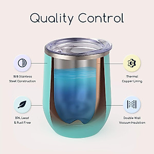 Maars Bev Stainless Steel Stemless Wine Glass Tumbler with Lid, Vacuum Insulated 12 oz Cup | Spill Proof, Travel Friendly, Fun Cocktail Drinkware - Mint