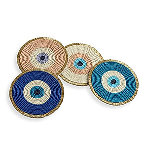 Folkulture Beaded Coasters for Drinks or Coffee Table, 4" Round Decorative Coasters, Cute Coasters for Table Décor, Boho Coaster Set for Cocktail, Evil Eye Coaster for Farmhouse