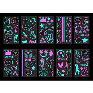 Konsait 10 Sheets Glow In The Dark Tattoos for Kids Adults, Safe and Easy to Use Neon Temporary Music Tattoos, Music Notes UV Blacklight Tattoos, Glow In The Dark Party Makeup Supplies Party Favors