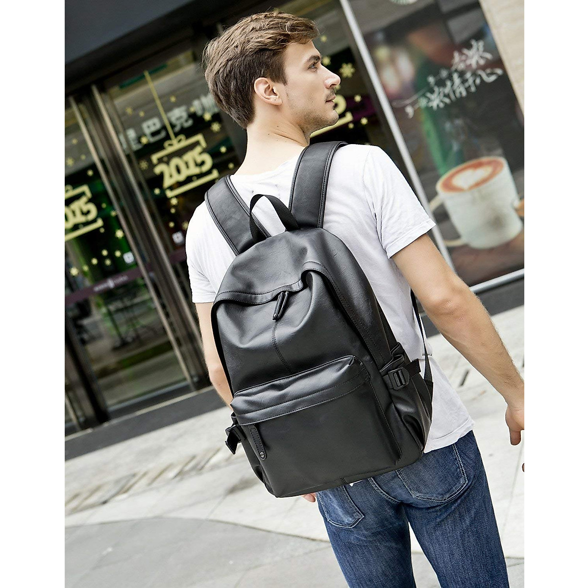 Baosha BP-08 Unisex PU Leather Computer Laptop Bag 15.6 inch College School Backpack Shoulder Bags Travel Hiking Rucksack Casual Daypack Black