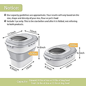Rice Container Cereal Food Storage, Lockcoo Collapsible Airtight Rice Dispenser 20 to 50 Lbs with Measuring Cup & Wheels, Dry Food Flour Sugar Storage Container Large Kitchen Pantry Holder, Grey