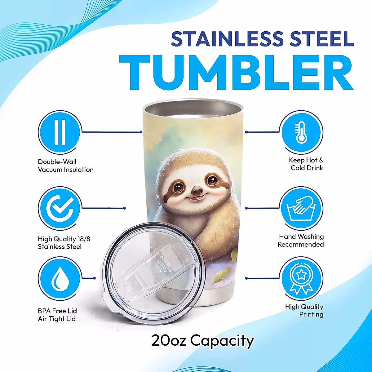 Hyturtle Personalized Gifts For Sloth Lover - Sloth Print Custom Name Stainless Steel Tumbler 20oz With Lid - Idea Animal Lover Gifts For Women Girl On Birthday, Christmas